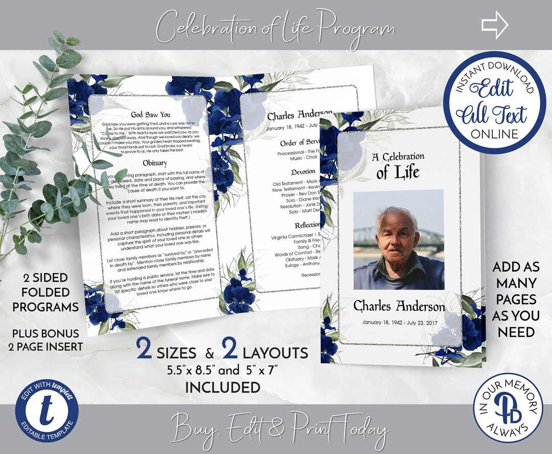 Navy and Gold Floral Funeral Program Template Obituary/order - Etsy
