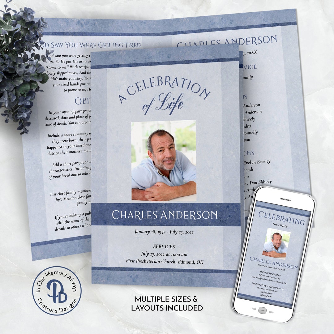 Classic Blue Funeral Program Template, Obituary-order of Service ...