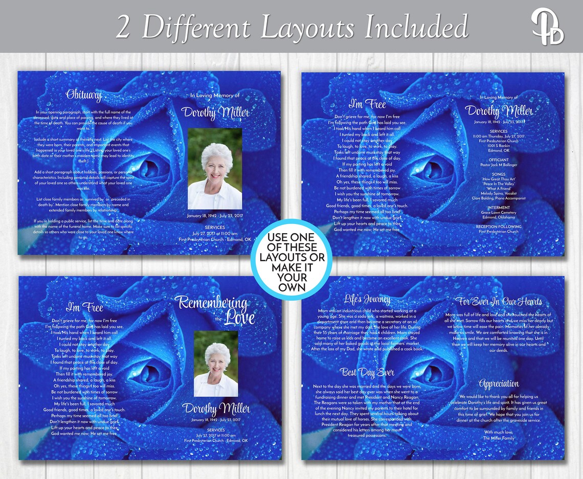 Blue Rose Funeral Program Template Obituary/order of Service | Etsy