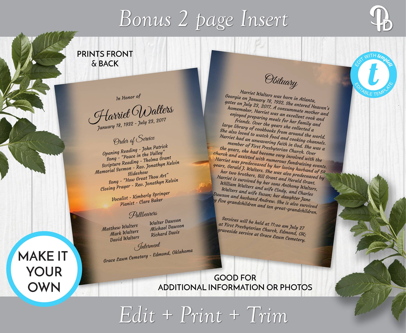 Sunrise Over the Hills Funeral Program Template - Etsy