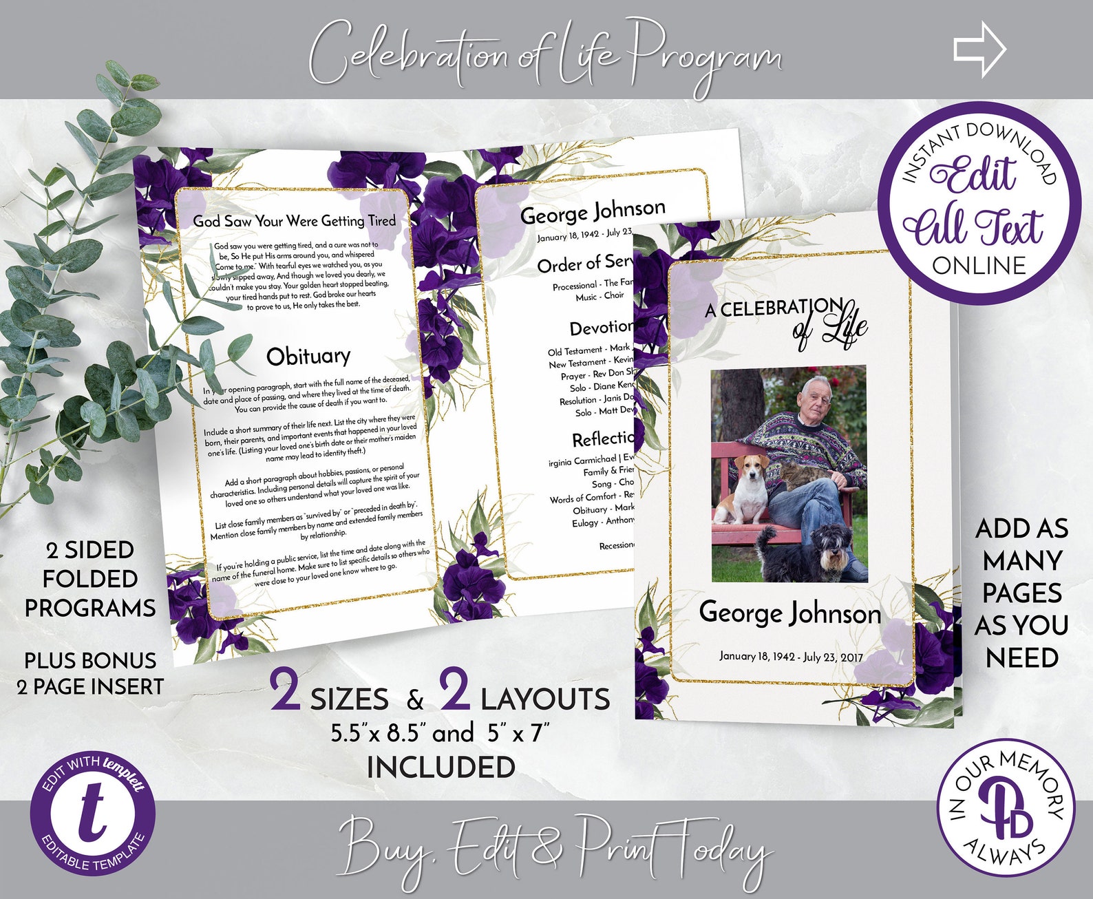 Purple and Gold Floral Funeral Program Template - Etsy