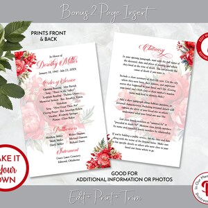 Red Peonies Funeral Program Template, Obituary/order of Service ...