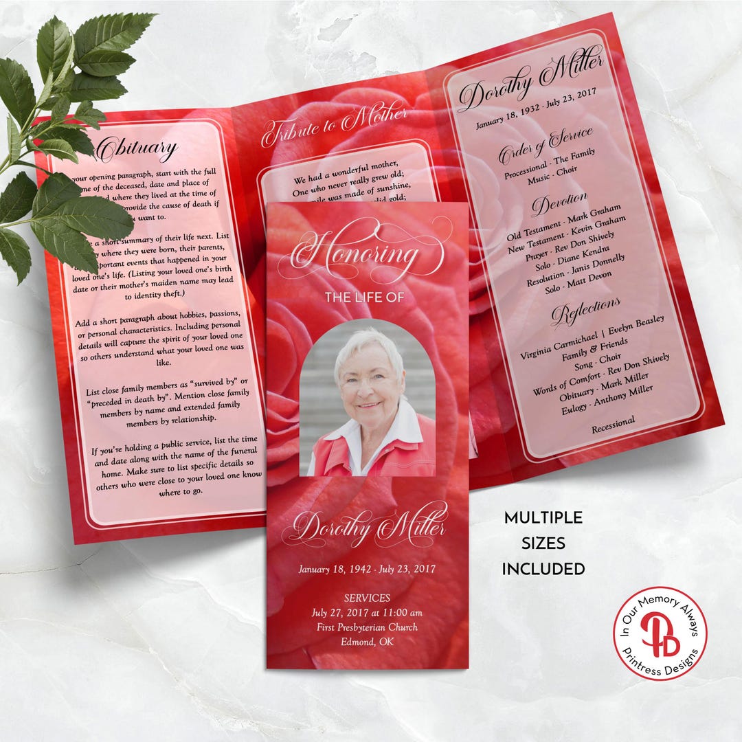 Coral Red Rose Trifold Funeral Program, Obituary Template, Celebration ...