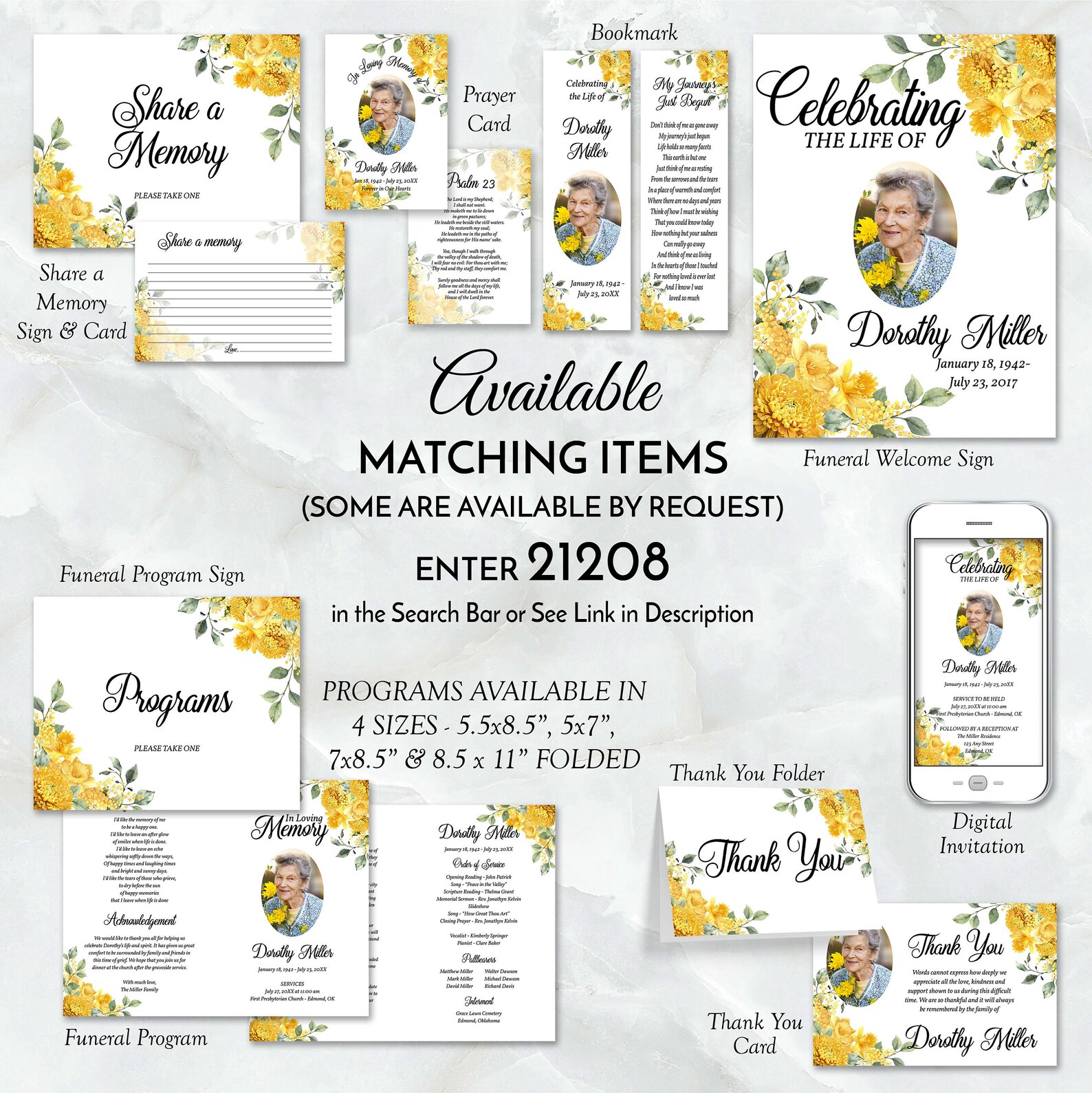 Bright Yellow Floral Funeral Program Obituary Template - Etsy