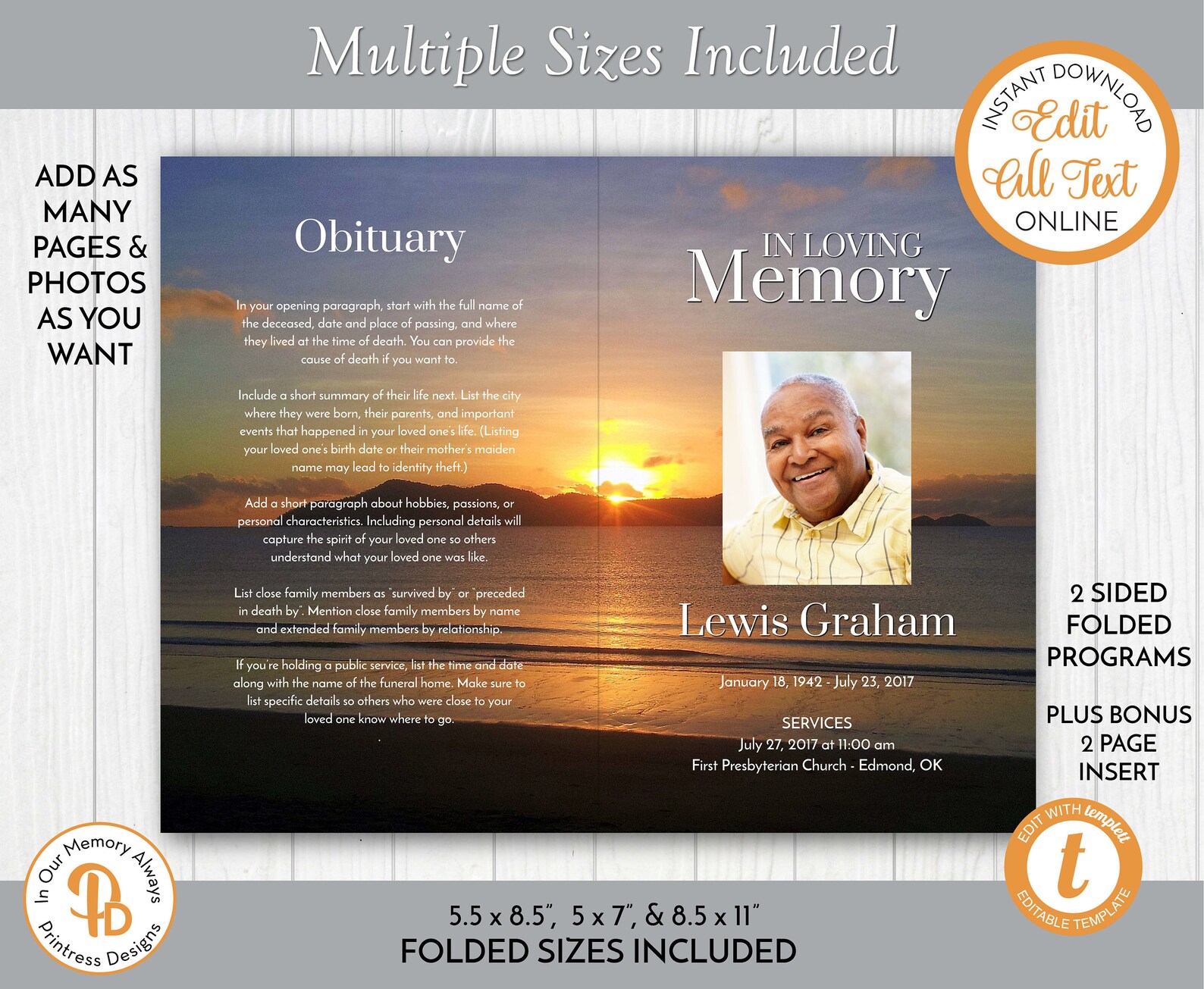 Beach Sunset Funeral Program Template, Obituary/order of Service ...