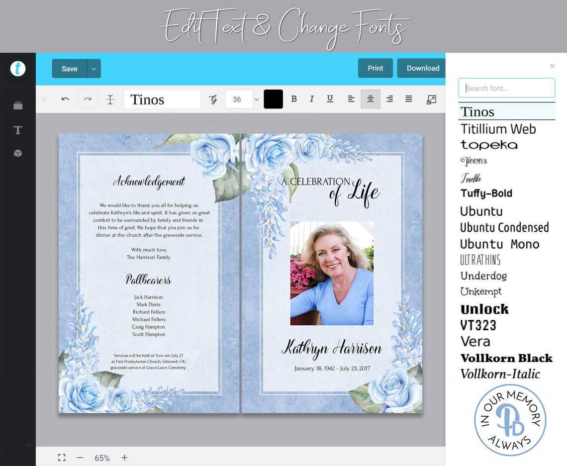 Blue Roses Funeral Program Template, Obituary/order of Service Template ...
