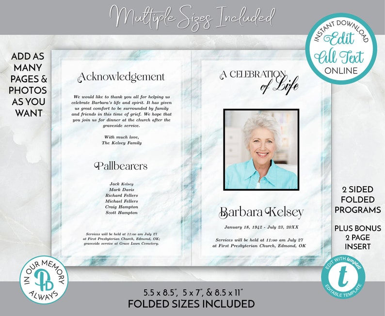Teal Marble Funeral Program Template Obituary-order of - Etsy