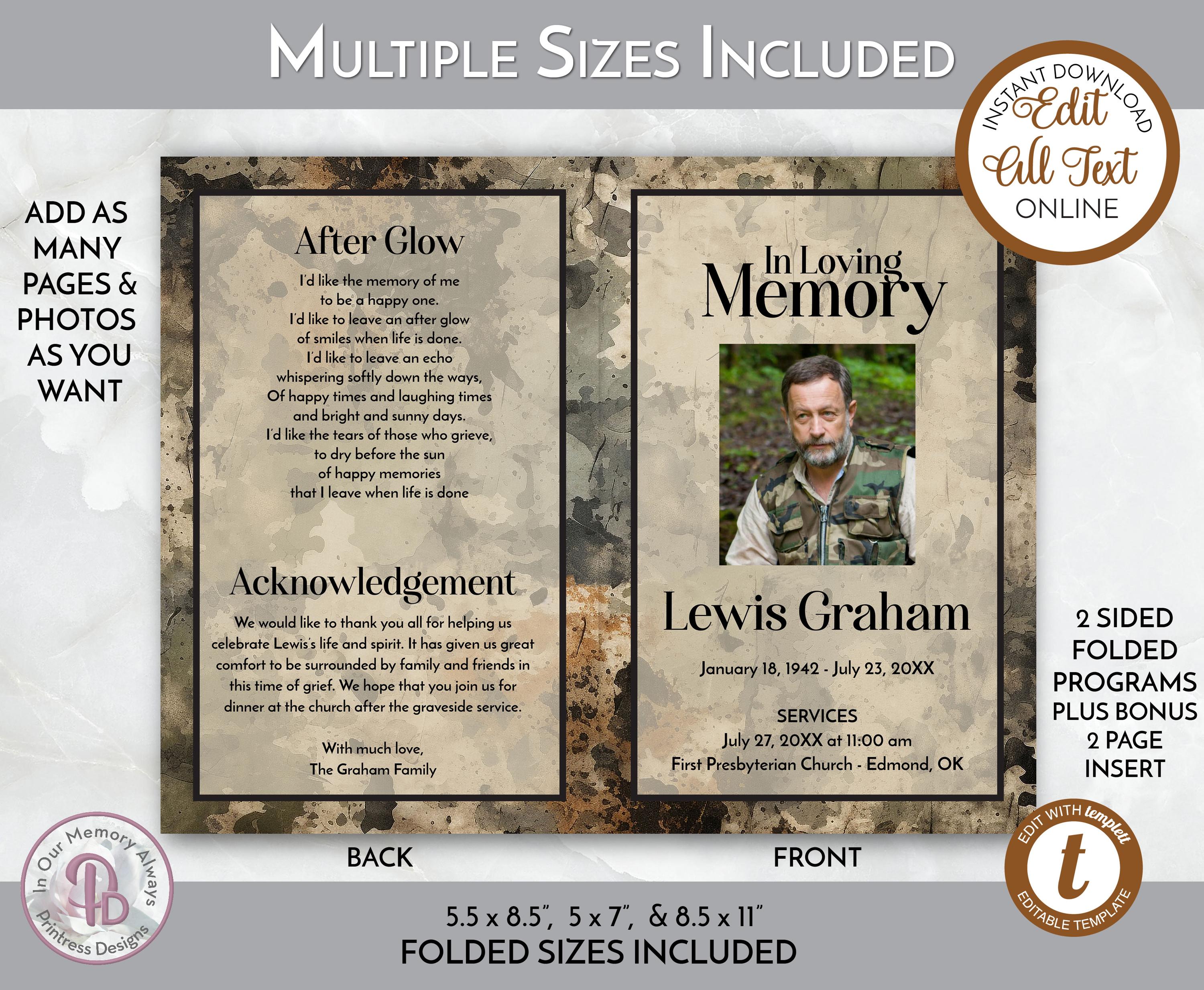 Camouflage Funeral Program Template, Memorial Service Bulletin for ...