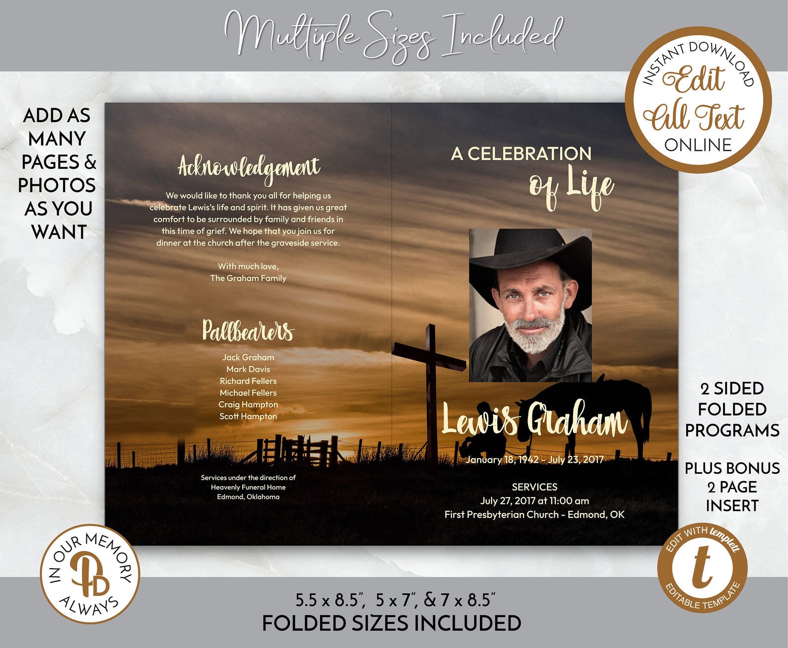 Cowboy Kneeling at a Cross Funeral Program, Obituary Template ...