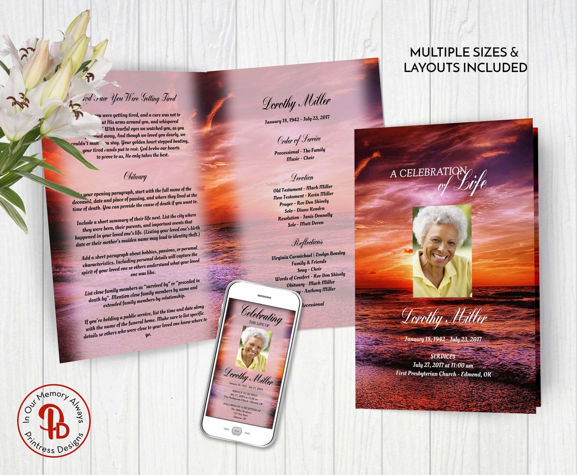 Ocean Sunset Funeral Program Template Obituary/order of - Etsy