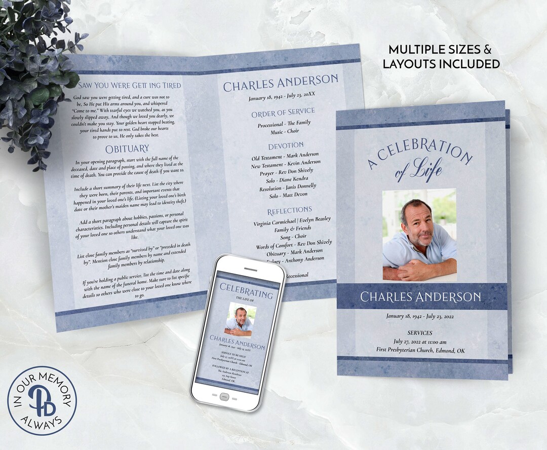 Classic Blue Funeral Program Template Obituary-order of - Etsy