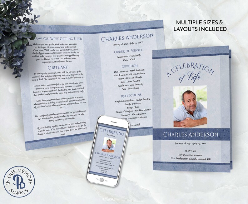Classic Blue Funeral Program Template Obituary-order of - Etsy