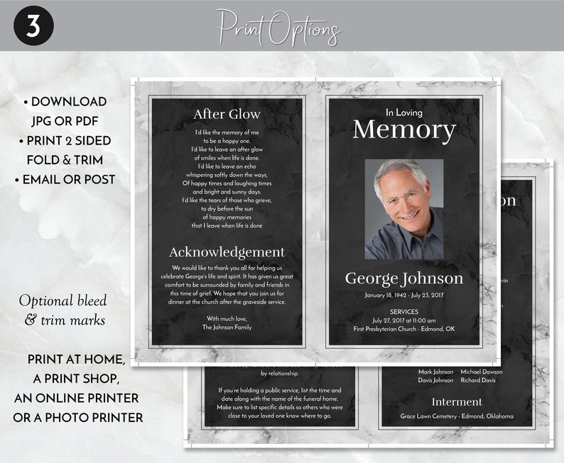 Black and Gray Marble Funeral Program Obituary Template - Etsy