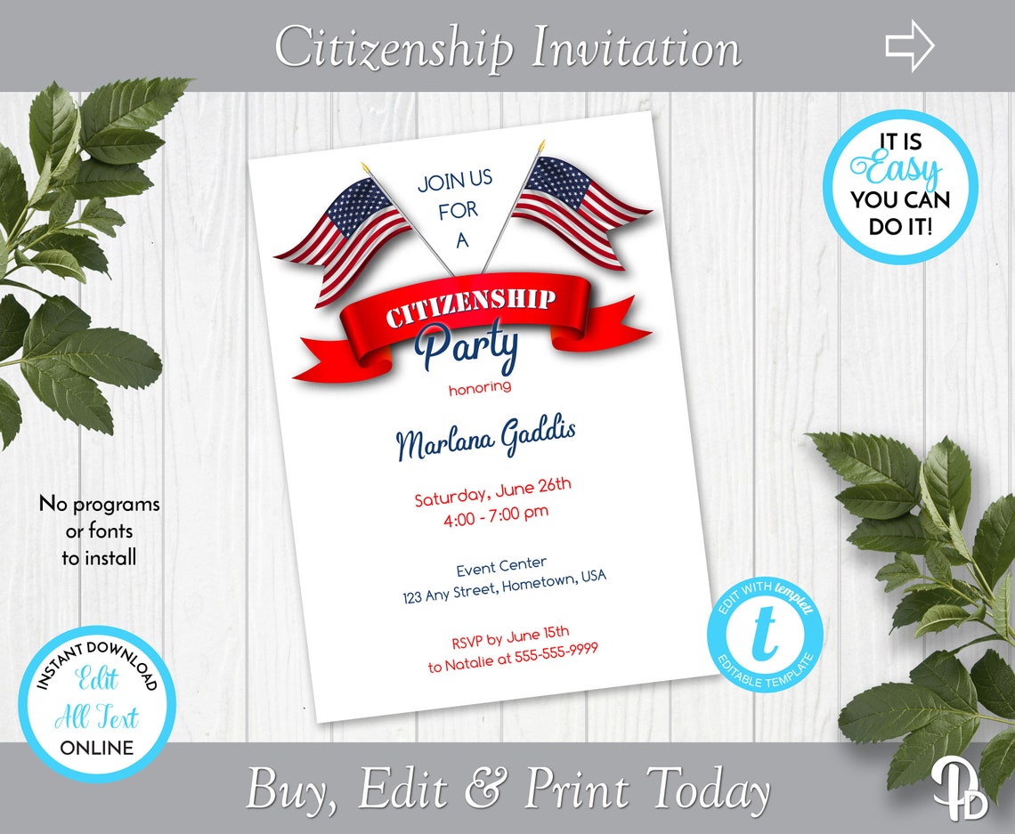 Citizenship Party Invitation, Citizenship Celebration, Naturalization ...