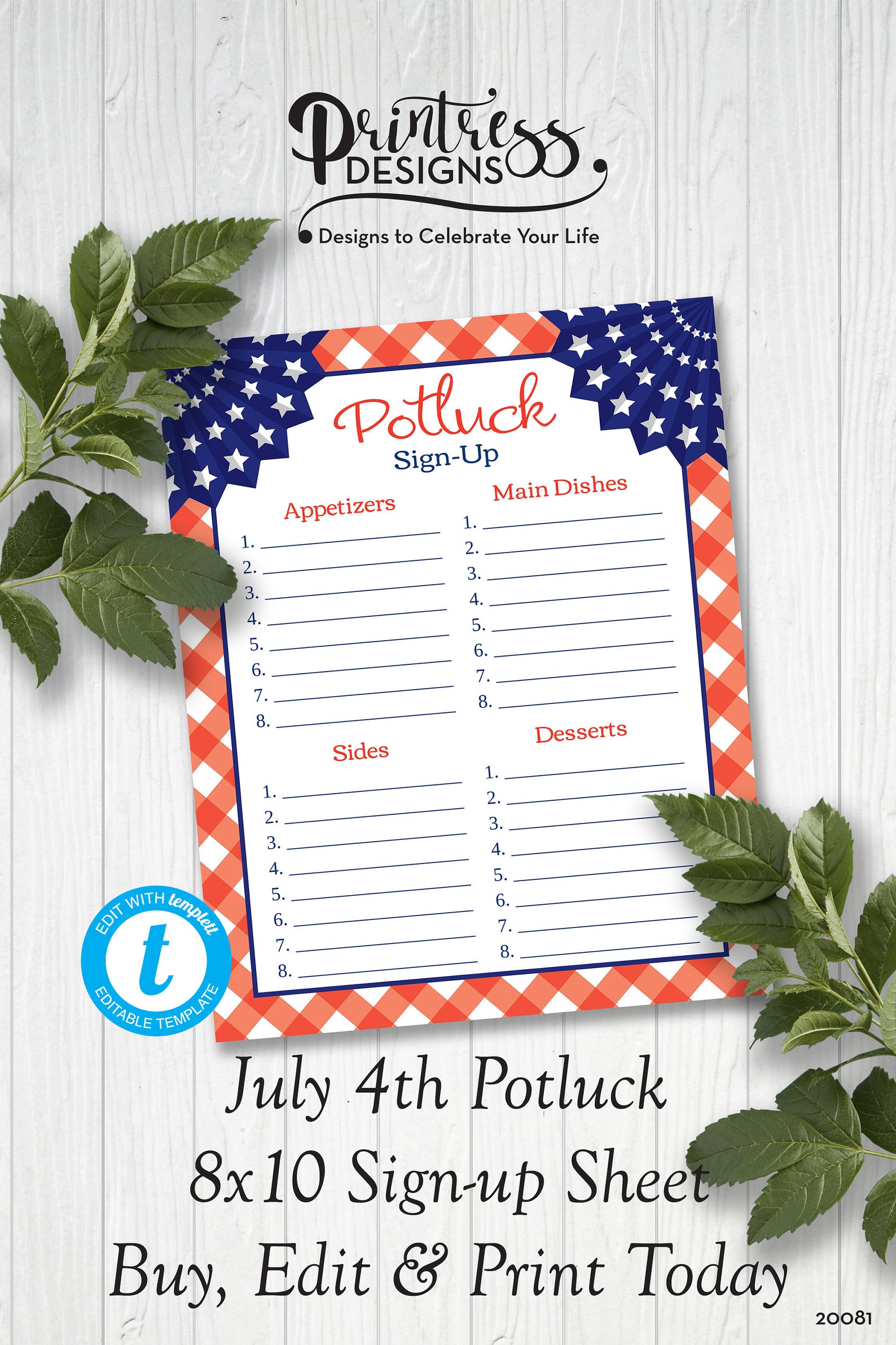 July 4th BBQ & Potluck Dinner Set, Potluck Invitation, Potluck Sign-up ...