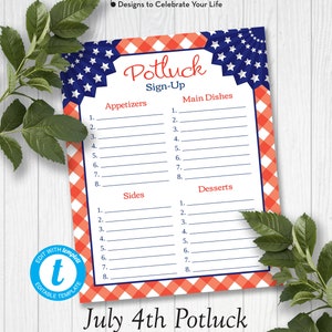 July 4th BBQ & Potluck Dinner Set, Potluck Invitation, Potluck Sign-up ...