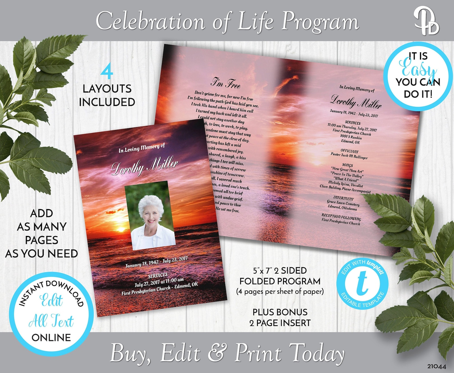 Ocean Sunset Funeral Program Template Obituary/order of - Etsy