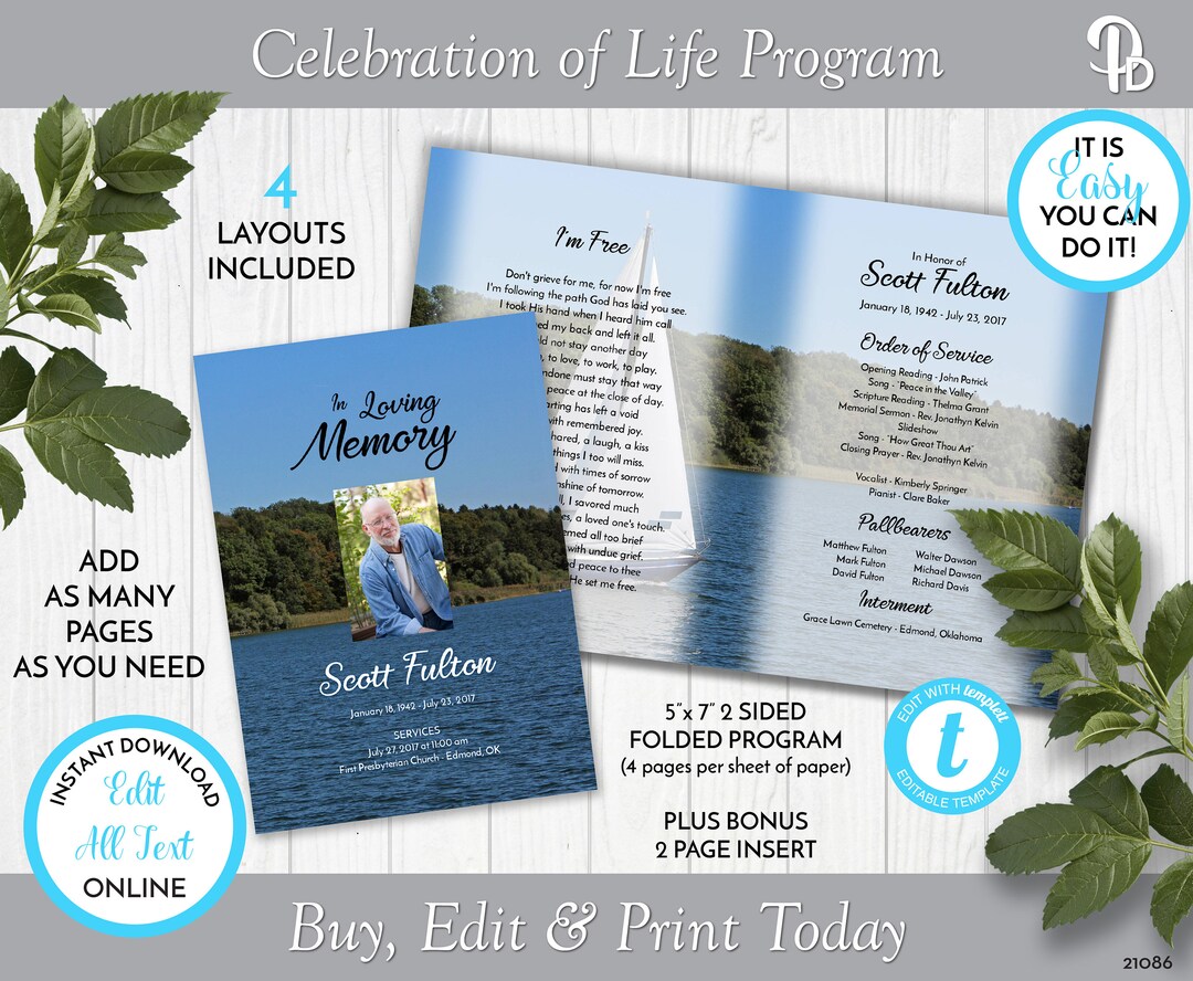 Sailing on the Lake Funeral Program Template, Obituary/order of Service ...