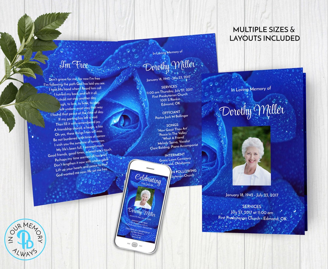 Blue Rose Funeral Program Template Obituary/order of Service - Etsy