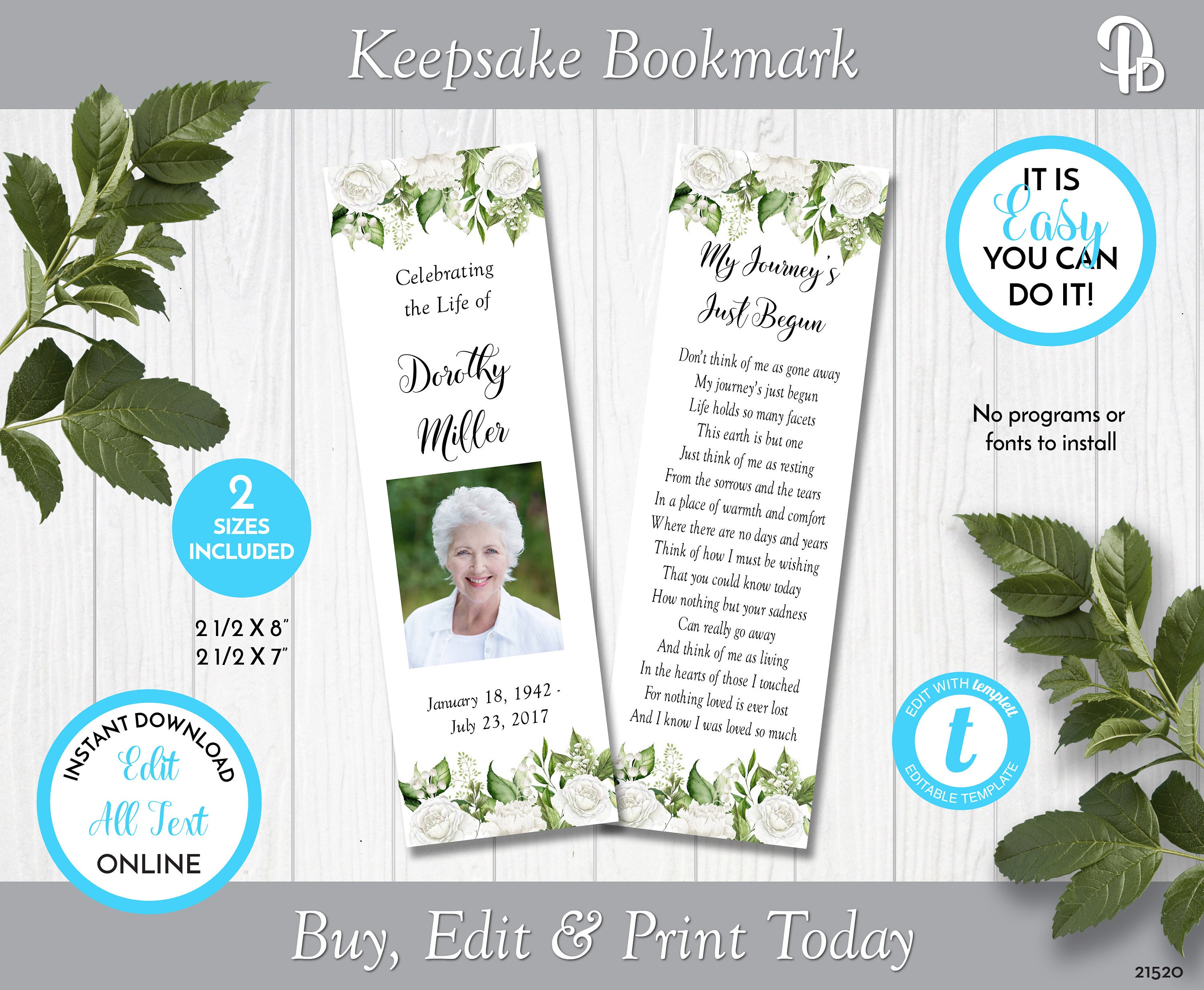 White Floral Funeral Keepsake Bookmark Memorial Favor | Etsy