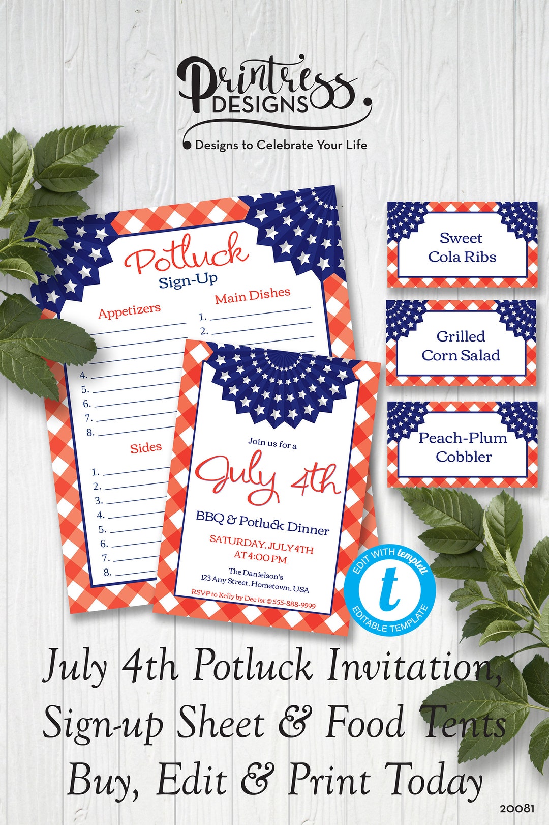 July 4th BBQ & Potluck Dinner Set, Potluck Invitation, Potluck Sign-up ...