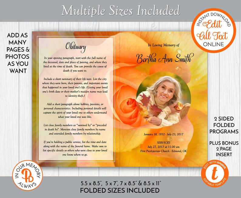 Orange Rose Funeral Program Template, Obituary/order of Service ...
