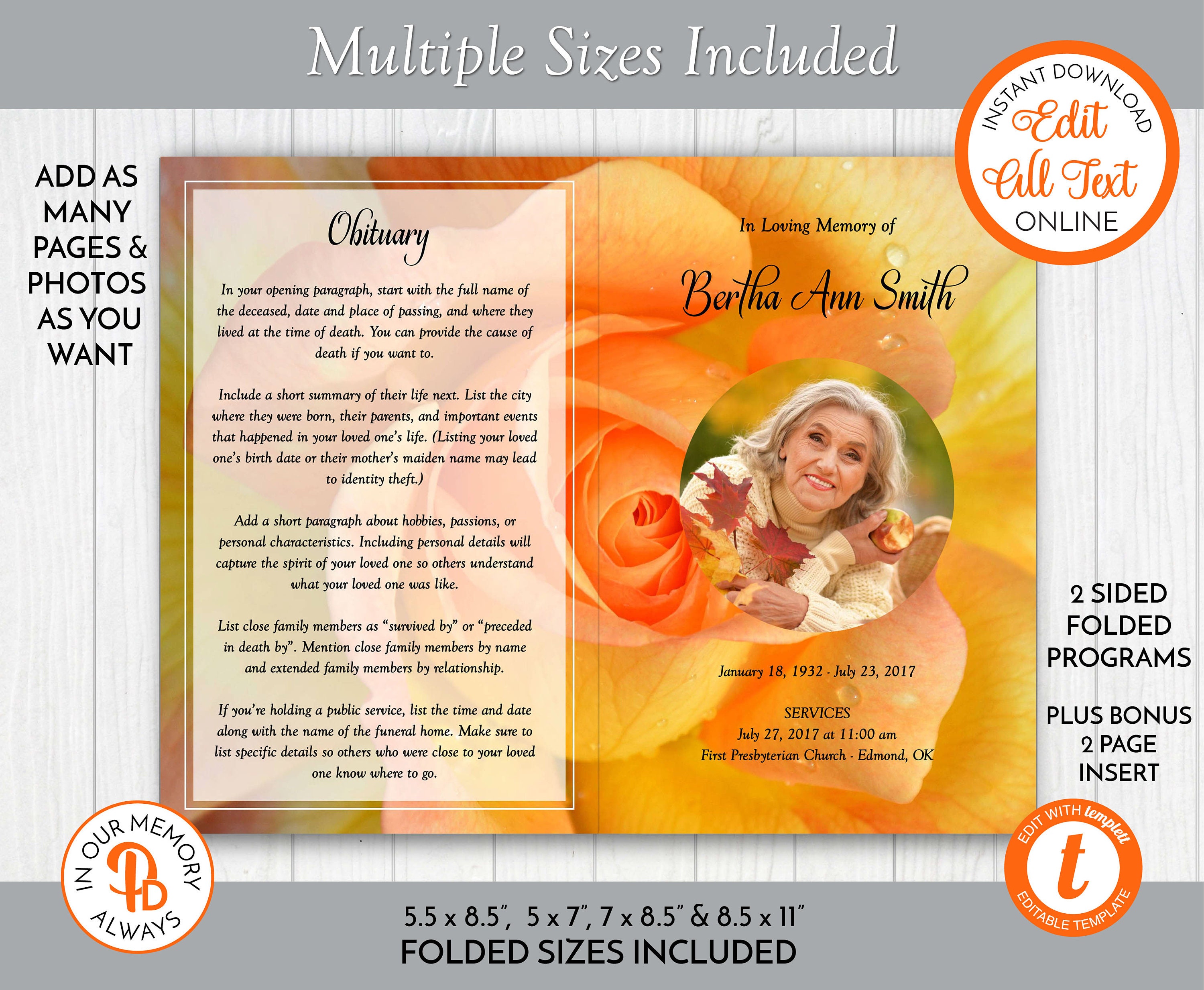Orange Rose Funeral Program Template Obituary/order of - Etsy Canada