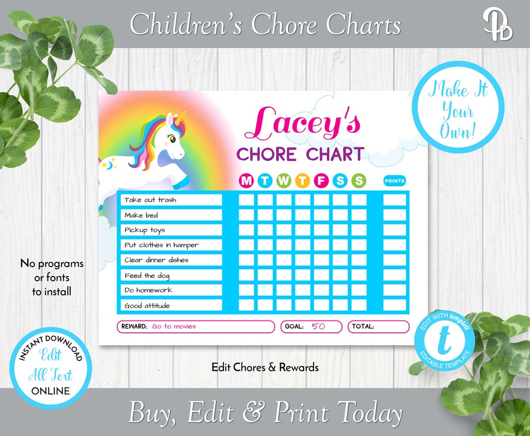 Colorful Unicorn Children's Chore Chart, Editable Reward Chart ...