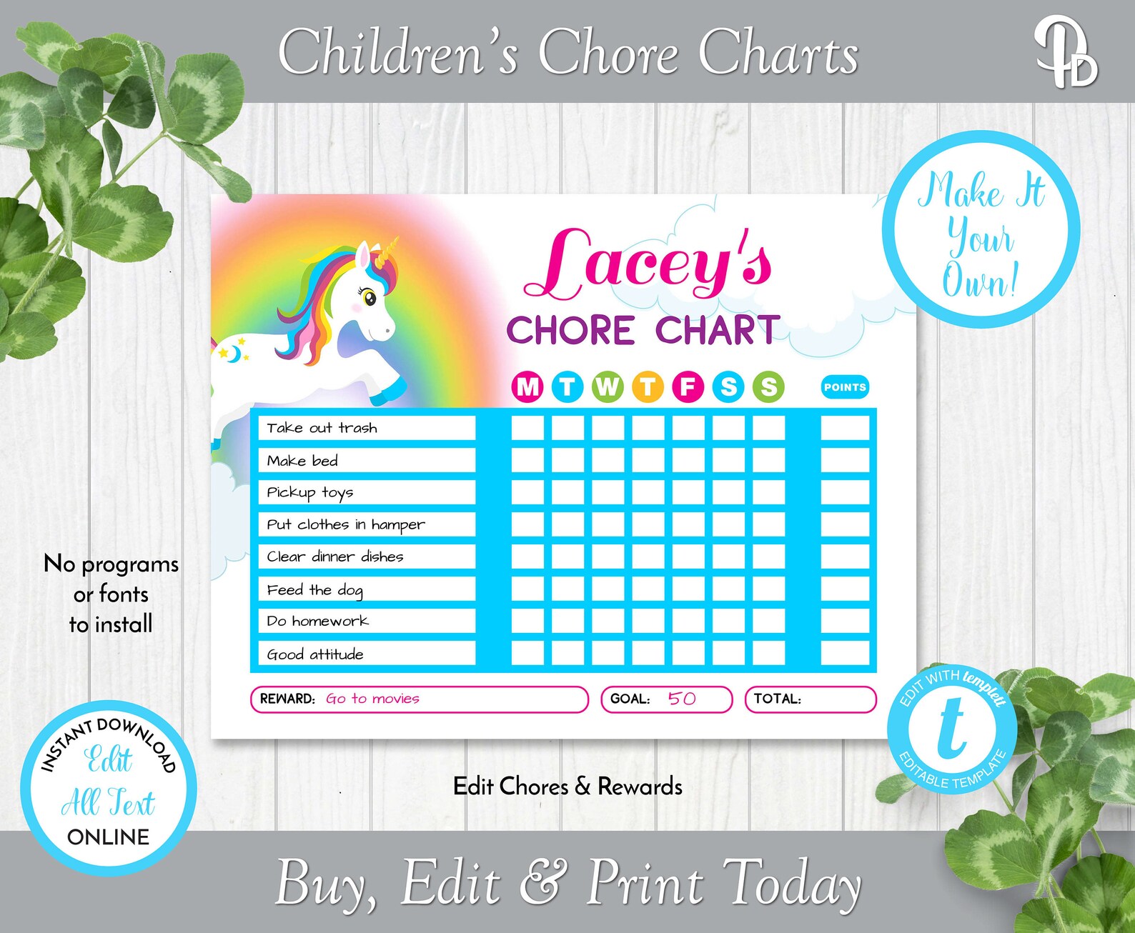 Colorful Unicorn Children's Chore Chart Editable Reward - Etsy