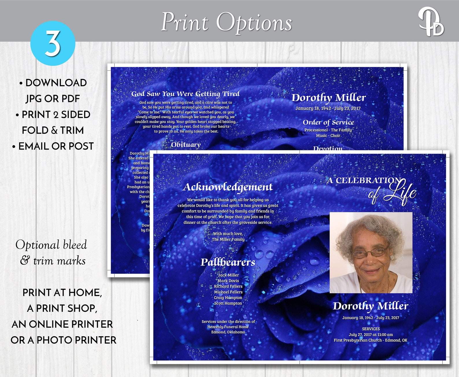 Dew on Blue Rose Funeral Program Template Obituary/Order of | Etsy
