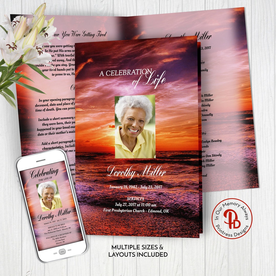 Ocean Sunset Funeral Program Template, Obituary/order of Service ...