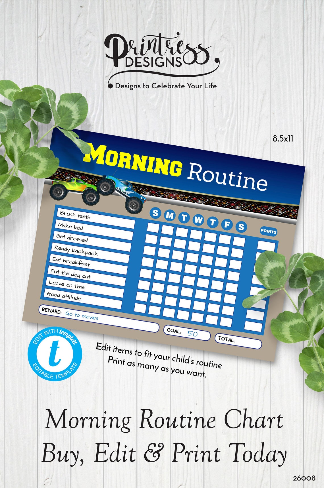 Monster Truck Children's Daily Routine Charts Morning | Etsy