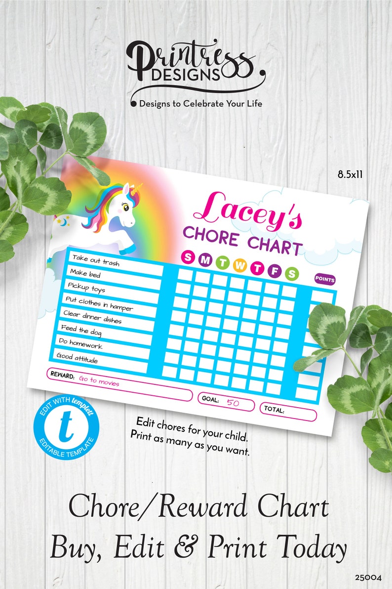 Colorful Unicorn Children's Chore Chart Editable Reward | Etsy