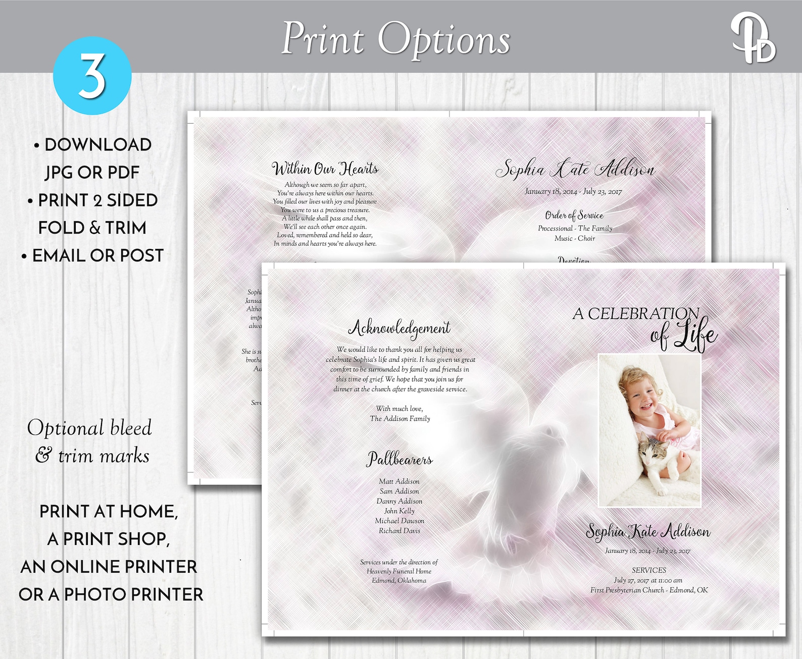 Pink Dove Funeral Program Template Obituary/order of Service - Etsy