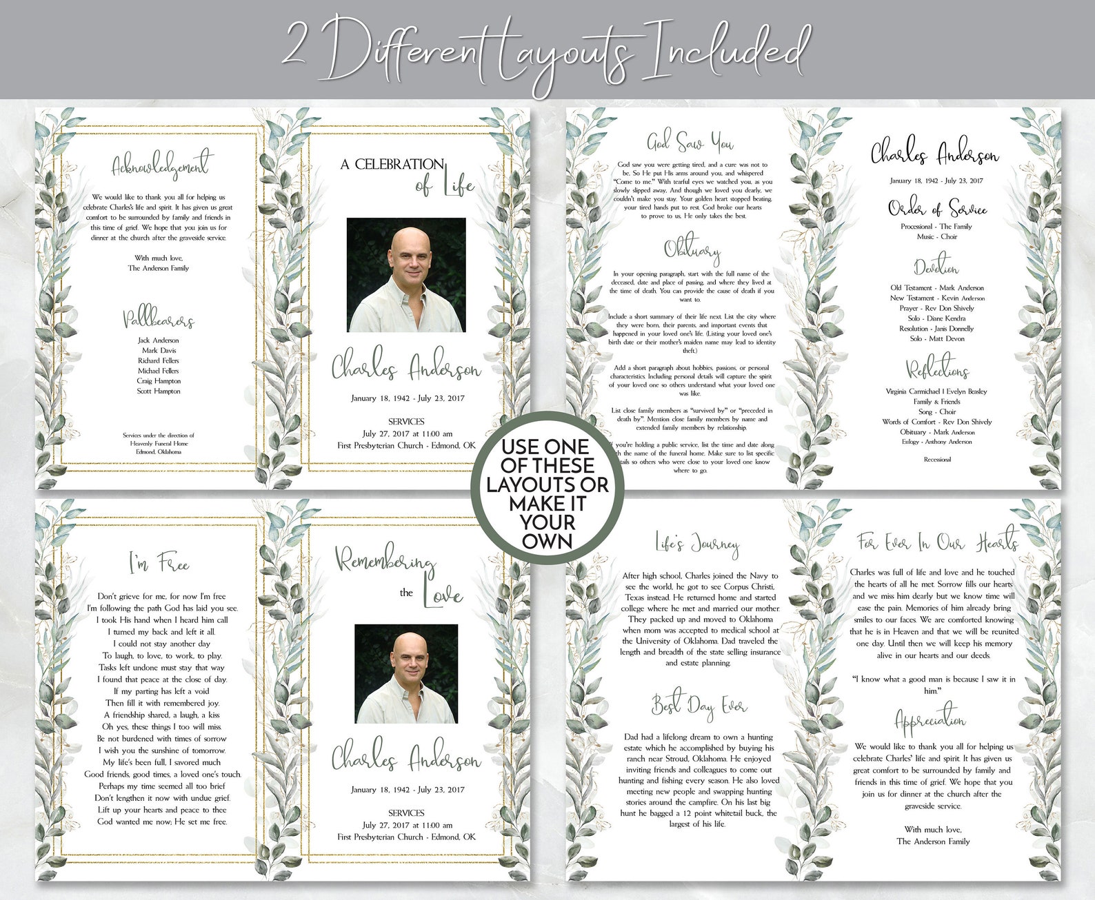 Greenery Border Funeral Program Obituary Template - Etsy