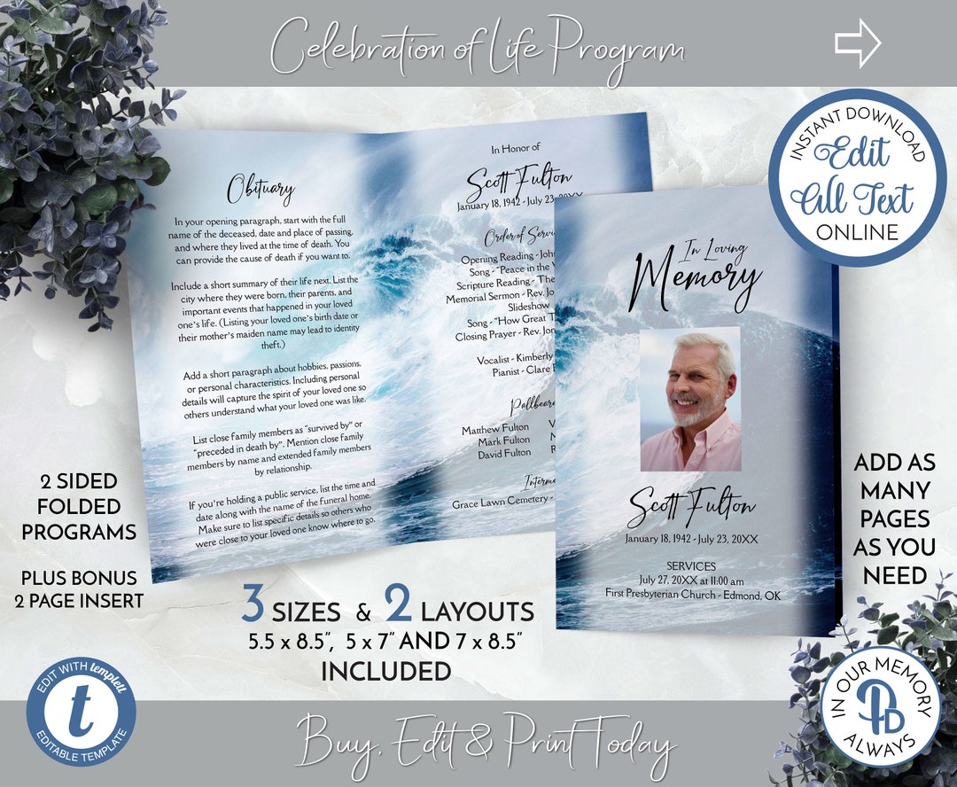 Surfer's Funeral Program Obituary Template Ocean Wave - Etsy