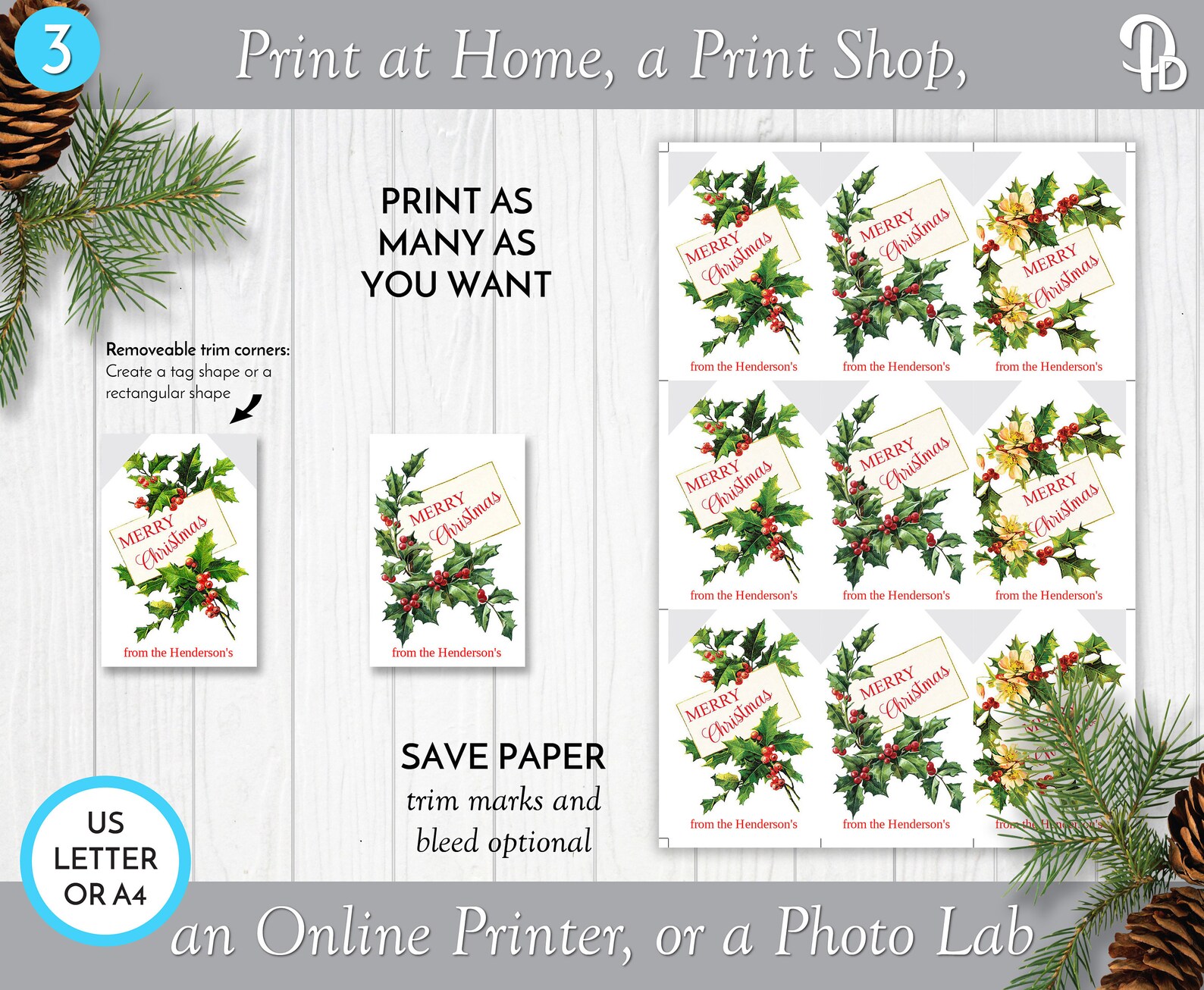 Christmas Holly Gift Tags Template Holiday Ornament Gift - Etsy