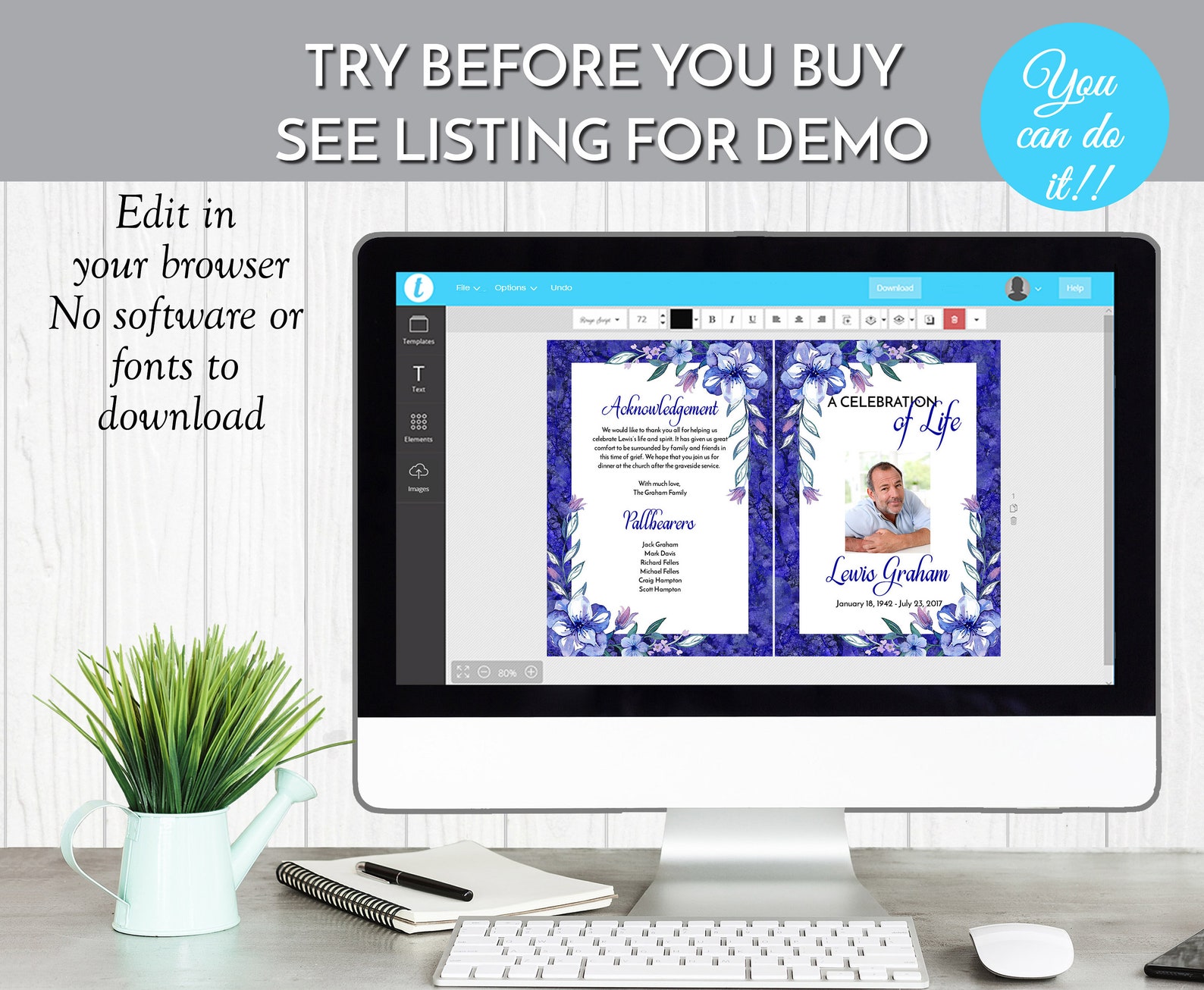 Blue Floral Border Funeral Program Template Obituary/order of - Etsy