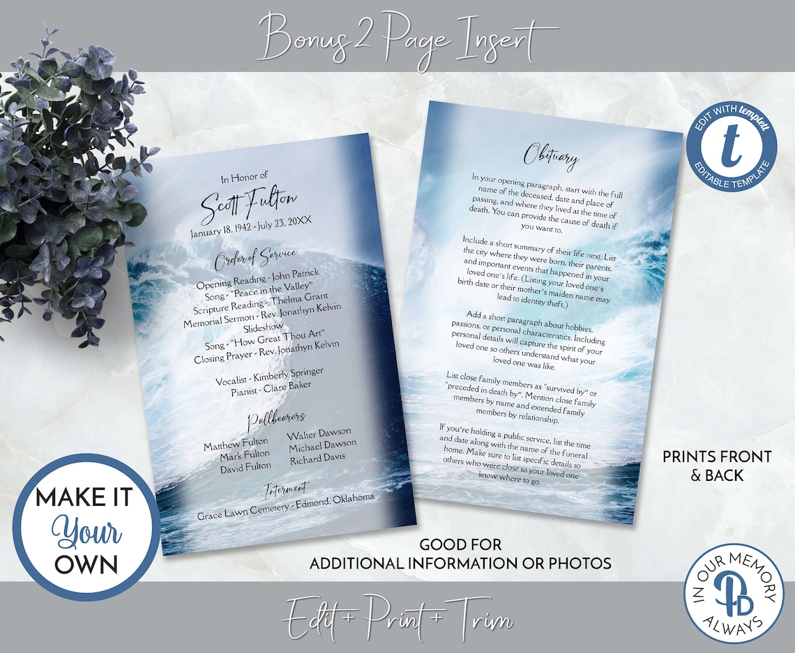 Surfer's Funeral Program Obituary Template Ocean Wave | Etsy