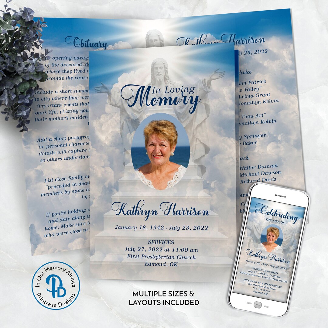 Stairway to Heaven Funeral Program, Obituary Template, Celebration of ...