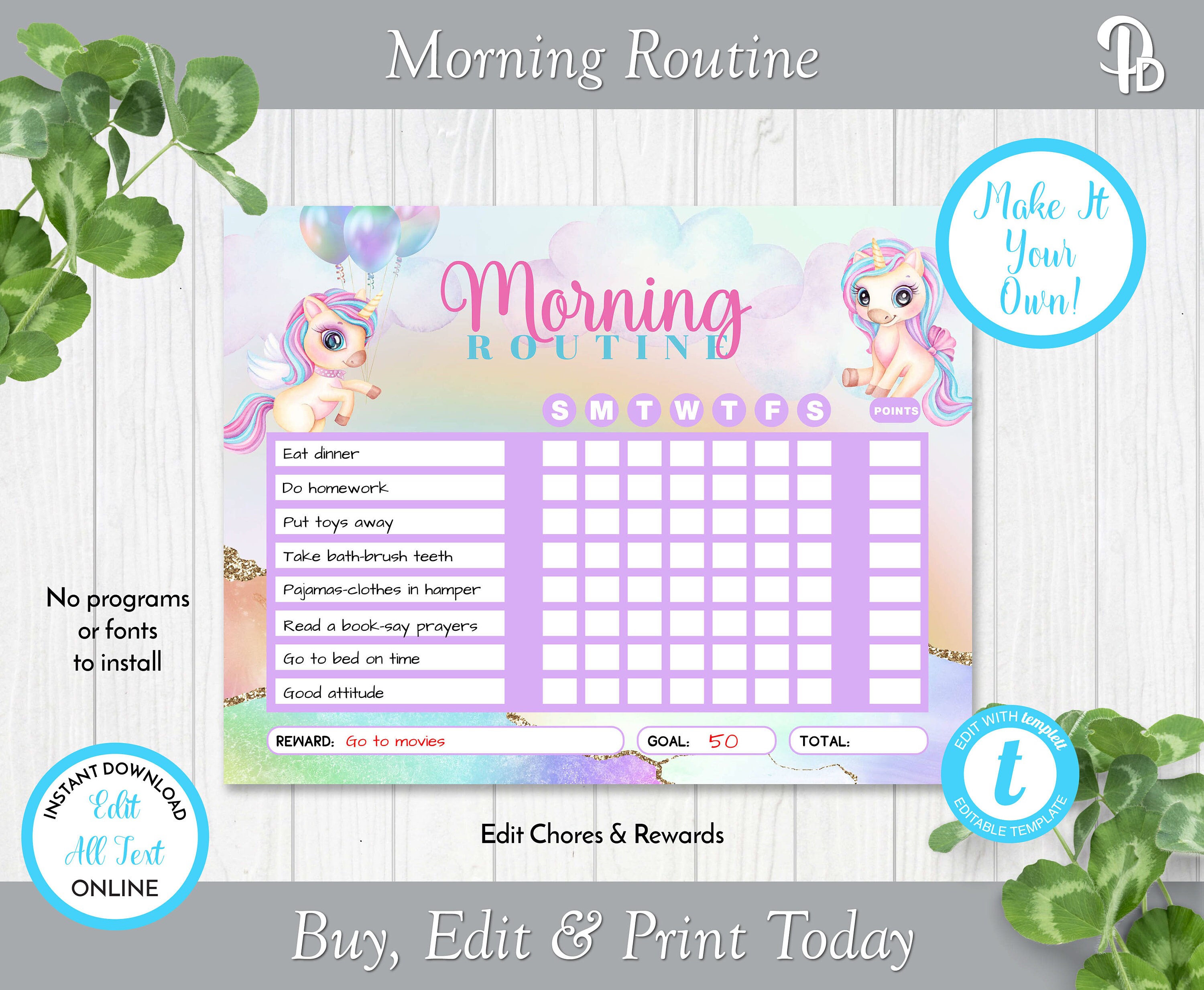 Pastel Unicorn Rainbow Children's Daily Routine Charts | Etsy