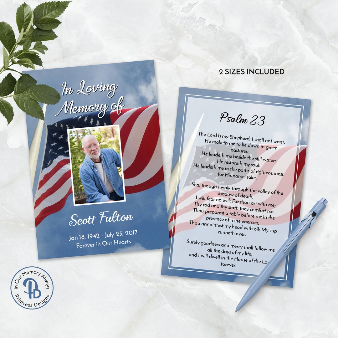 Patriotic Funeral Keepsake Prayer Card, Memorial Favor, Celebration of ...