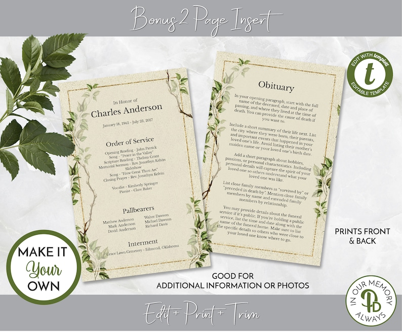 Vine and Twig Funeral Program, Obituary Template, Celebration of Life ...