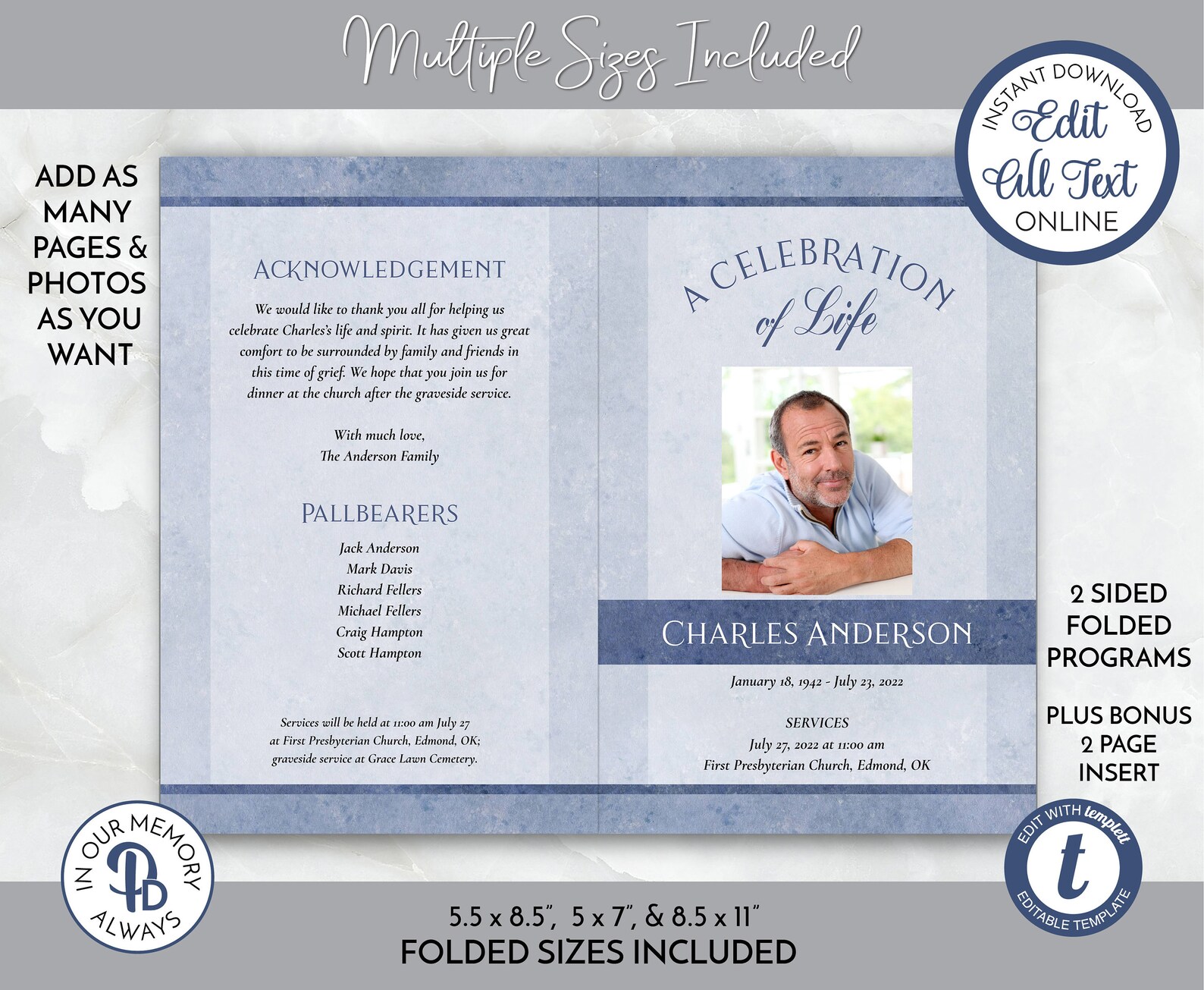 Classic Blue Funeral Program Template Obituary-order of - Etsy