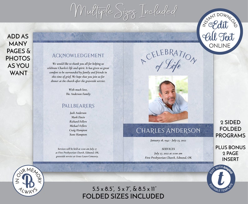 Classic Blue Funeral Program Template Obituary-order of - Etsy
