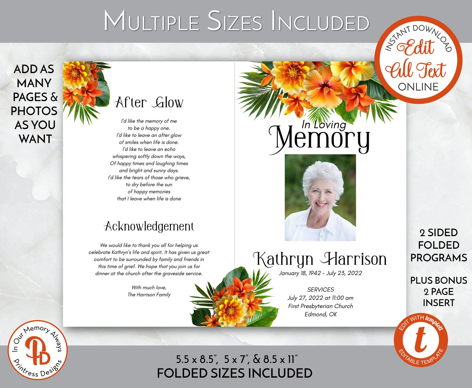 Tropical Floral Funeral Program Template, Celebration of Life Memorial ...