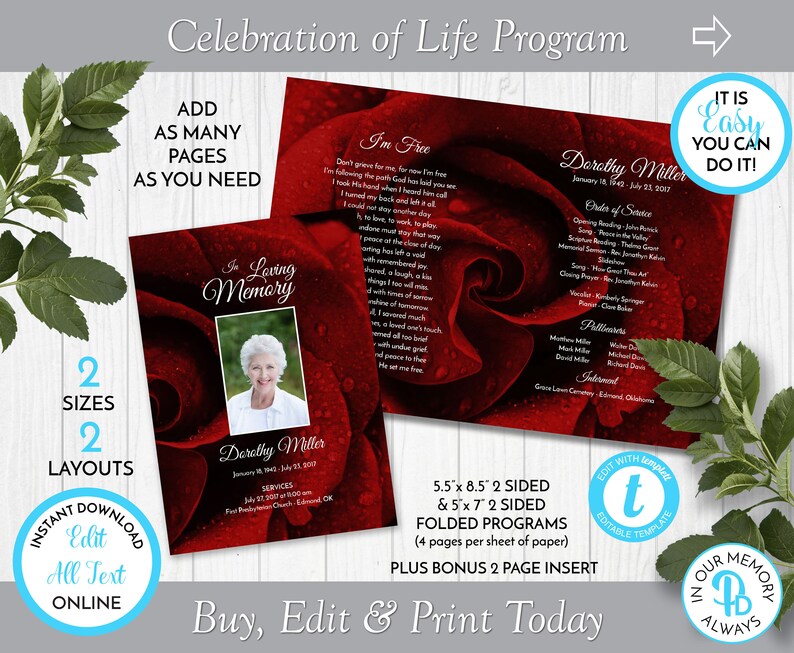 Deep Red Rose Funeral Program Template Obituary/order of - Etsy Canada