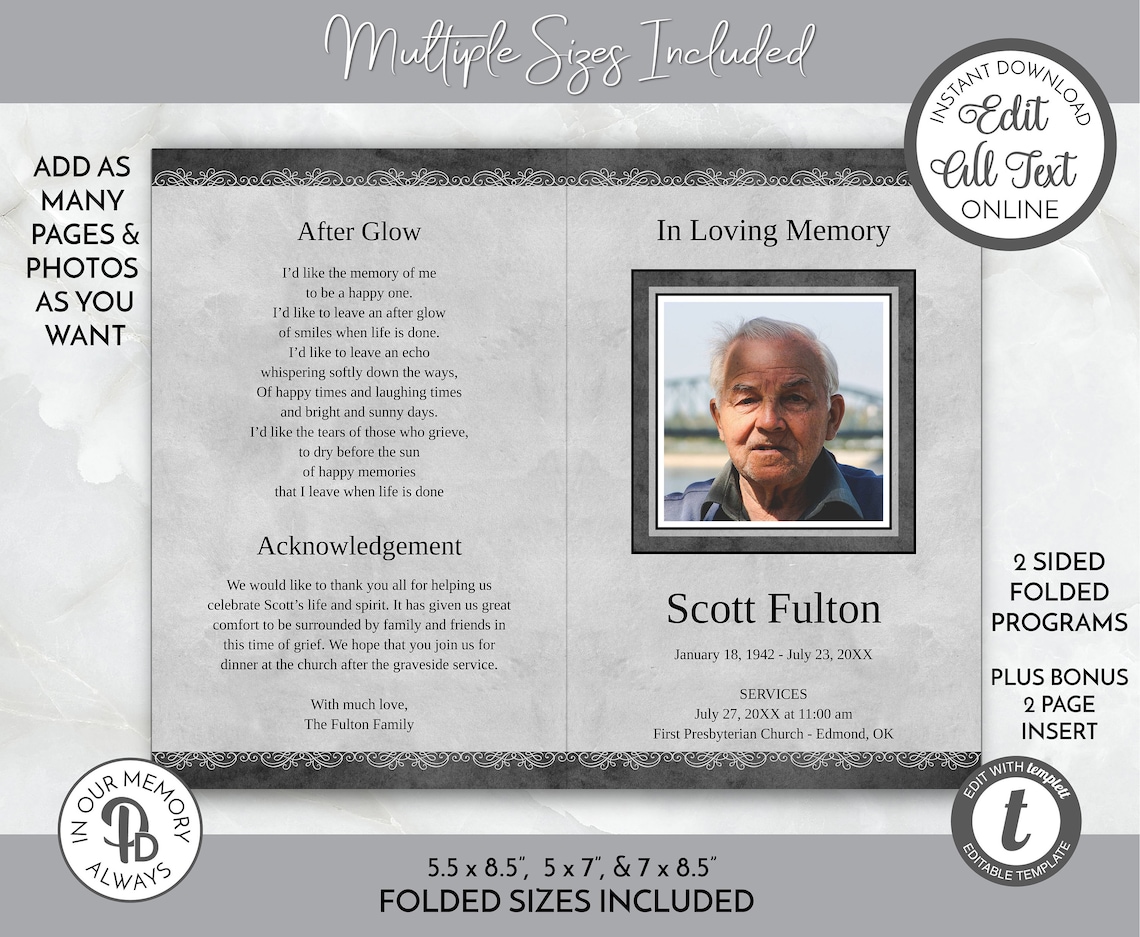 Classic Elegant Gray Funeral Program Template Obituary - Etsy