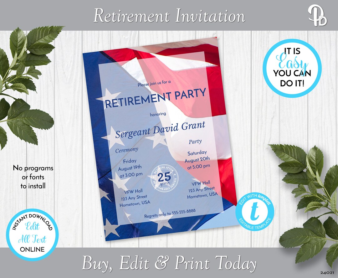 Military Patriotic Retirement Party Invitation, Retirement Celebration ...
