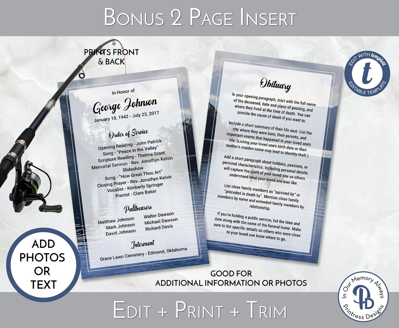 Blue Lake Fishing Funeral Program Template, Celebration of Life ...